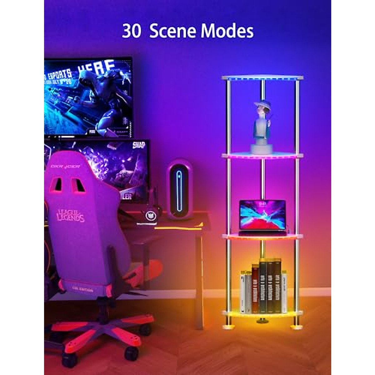 HOPEDAMAI Floor Lamp with Shelves Height Adjustable RGB Tall Lamp with Music Sync, Charging Stationl, Dimmable and Timing LED Corner Standing Lamp for Bedroom White 4-Tier