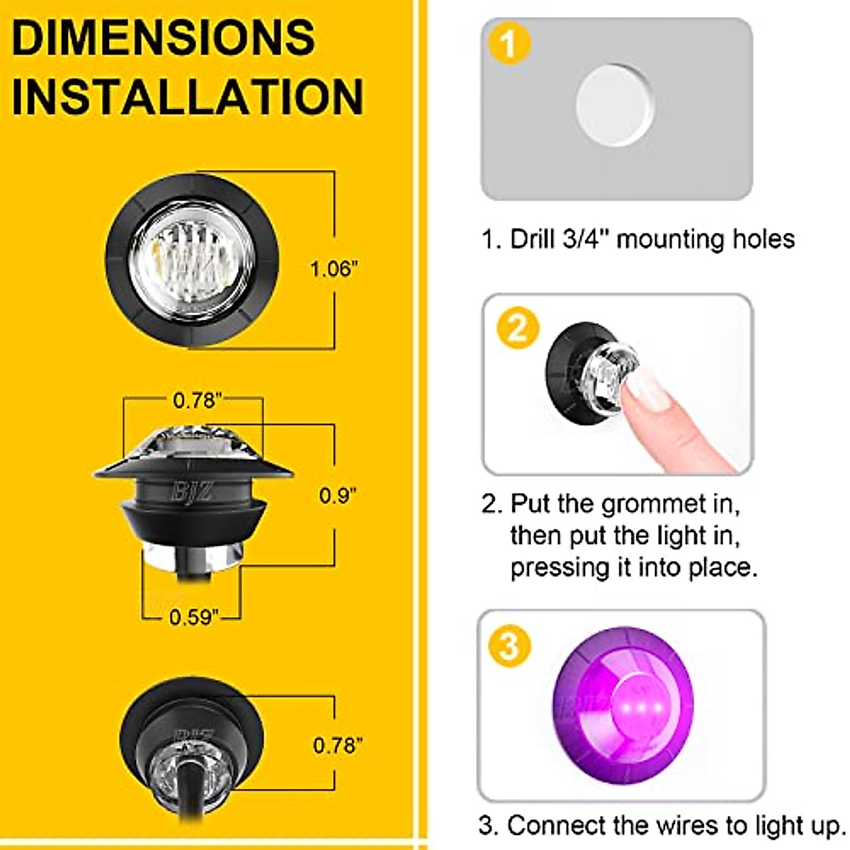 BJZ 3/4'' LED Trailer Marker Clearance Lights Purple Round 12V Automotive Side Marker Turn Signal Tail Indicator Light Assemblies Waterproof for Trailer Truck ATV UTV RV Van Bus, 10Pcs w/Clear Lens
