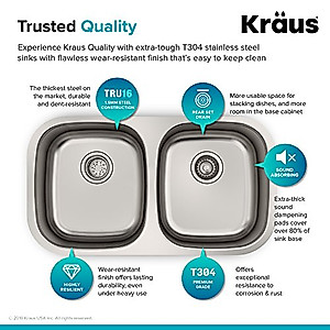 Kraus KBU22 32 inch Undermount 50/50 Double Bowl 16 gauge Stainless Steel Kitchen Sink