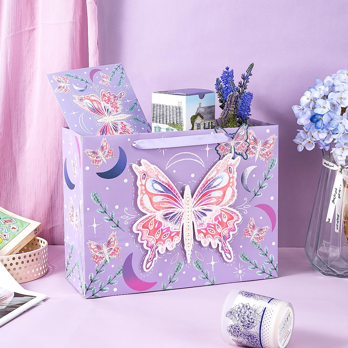 WRAPAHOLIC 13" Large Gift Bag with Card and Tissue Paper - Purple Butterfly Design for Birthday, Mother's day, Baby Shower, Party