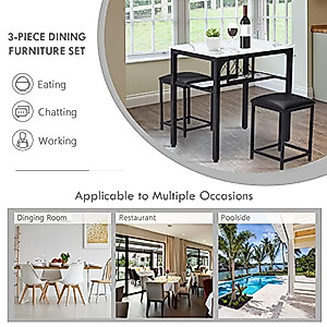 Kinfant 3 Pcs Bar Dining Table and Chairs Set with Faux Marble Tabletop - 2 Chairs, Contemporary Dining Table Set with Wine Rack for Home, Hotel, Dining Room, Kitchen or Bar, White & Black