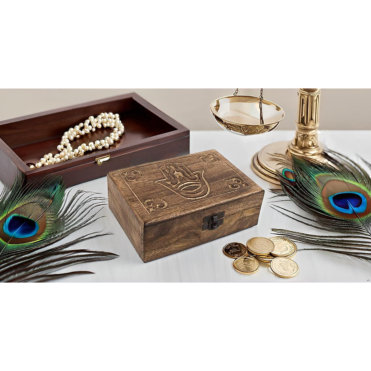 Great Birthday Gifts Handmade Decorative Wooden Jewelry Box Hamsa Hand Carving Jewelry Organizer Keepsake Box Treasure Chest Trinket Holder Watch Box Storage Lock Box 7 x 5 Inches Housewarming Gift