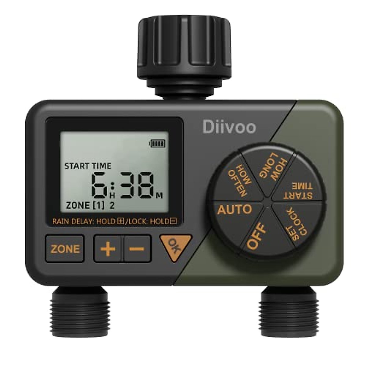 Sprinkler Timer 2 Zone, Diivoo Programmable Water Hose Timer 2 Outlet for Garden, Automatic Irrigation Timer IP54 with Rain Delay/Manual/Auto Mode, Outdoor Hose Timer Controller for Lawn, Yard, Pool