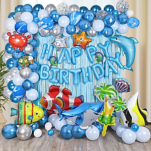 YinQin 176 PCS Ocean Blue Happy Birthday Party Balloons with Pump Under Sea Fish Birthday Balloons Decorations Baby Shark Happy Birthday Balloons Set Blue Sea Happy Birthday Party Supplies for Kid