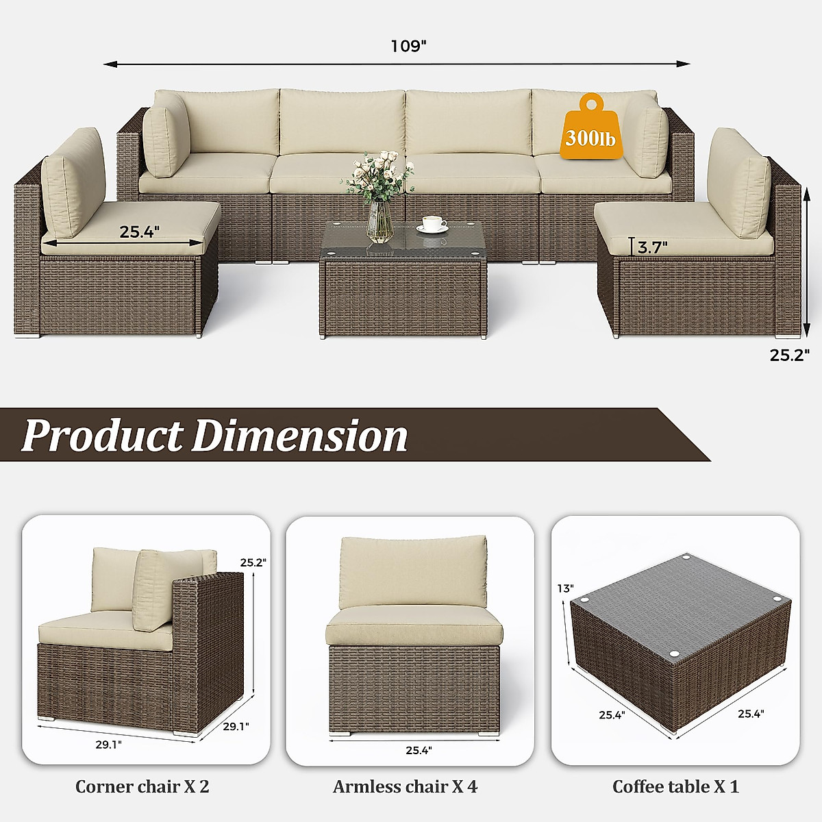 SUNVIVI OUTDOOR 7 Piece Patio Sectional Sofa Outdoor All Weather Brown PE Wicker Furniture Set, Paito Conversation Sofa Set with Glass Table, Removable Beige Cushions