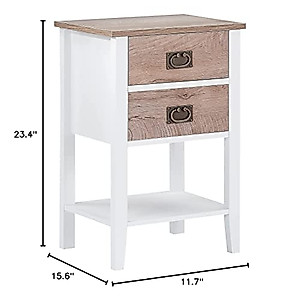 VECELO Nightstands End/Side Tables for Living Room Bedroom Bedside Storage, Vintage Accent Furniture Small Space, Solid Wood Legs, Two Drawers, White & Oak
