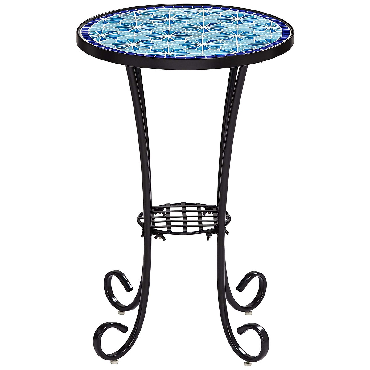 Teal Island Designs Blue Star Modern Black Metal Round Outdoor Accent Side Table 14" Wide with Lower Shelf Mosaic Tabletop Gracefully Curved Legs for Porch Patio Home House Balcony Spaces Deck