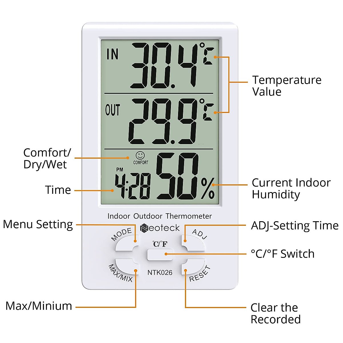 Neoteck 3 in 1 Thermometer Hygrometer with Clock Large LCD Display, Digital Humidity Temperature Meter 1.5m Sensor Wire for Indoor Outdoor Use