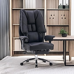 EXCEBET Big and Tall Office Chair 400lbs Wide Seat, Leather High Back Executive Office Chair with Foot Rest, Ergonomic Office Chair Lumbar Support for Lower Back Pain Relief (Black)