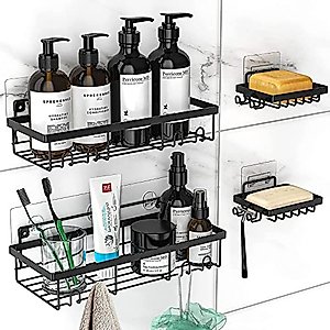 Yebicola Pack of 4 Black Shower Caddy, Self Adhesive, No Drilling, Bathroom Shower Organizer with Soap Holder and 12 Hooks, Rustproof Stainless Steel Shower Shelves for Inside Shower
