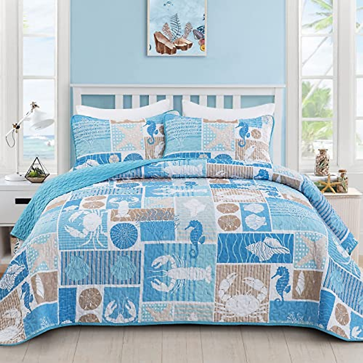 DJY Coastal Quilt Set King Coastal Blue Pattern Quilt Coverlet Set Soft Coastal Patchwork Bedspread with 2 Pillow Shams 3 Pieces Coastal Bedding Quilt Set for All Season 90"x 104"