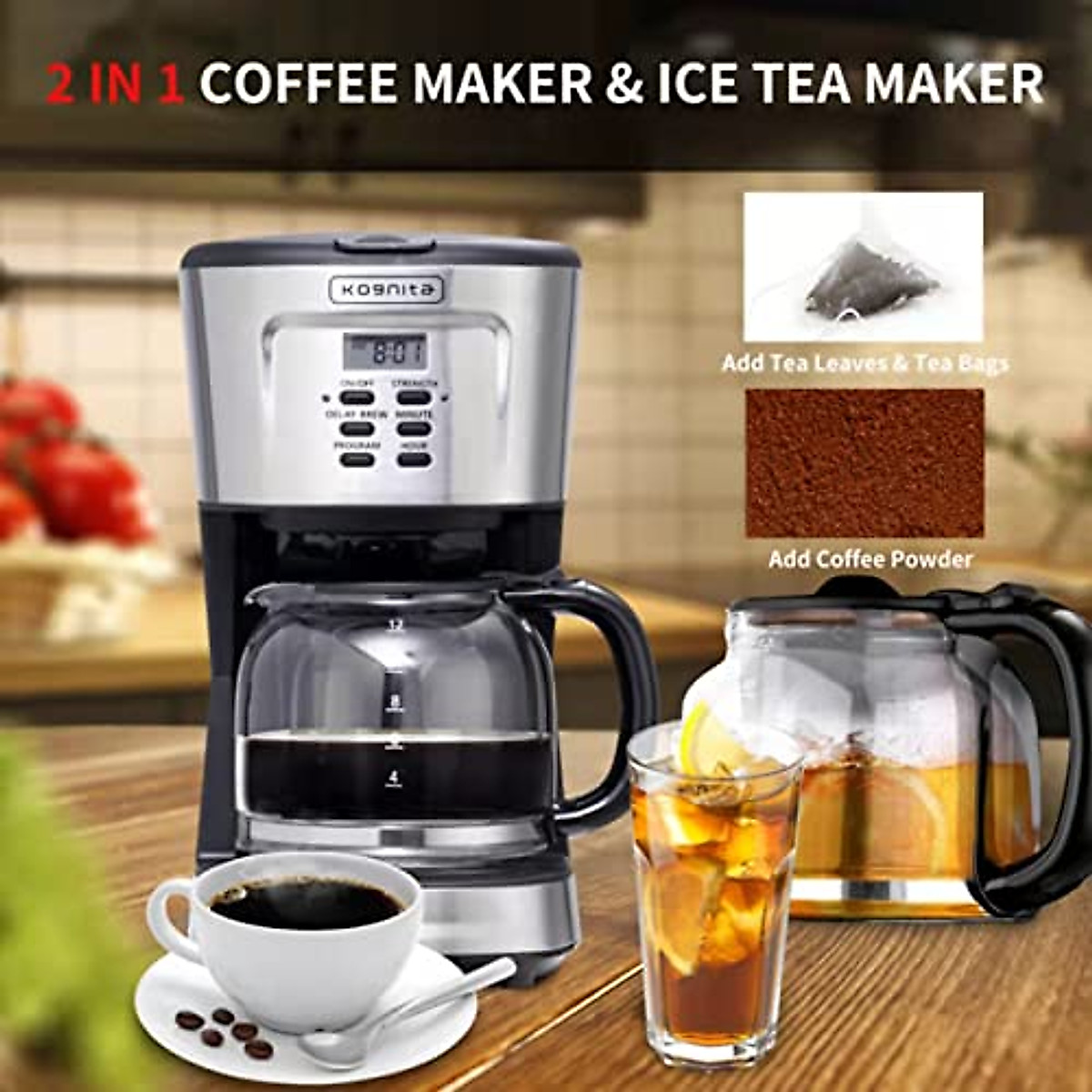 12 Cup Coffee Maker, Programmable Coffee Machine & Ice Tea Maker with Glass Carafe, Drip Coffee Maker Coffee Pot, Auto Keep Warm, Anti-Drip, Strength Control, Stainless Steel Small Coffe Maker, 900W Quick Brew, Kognita
