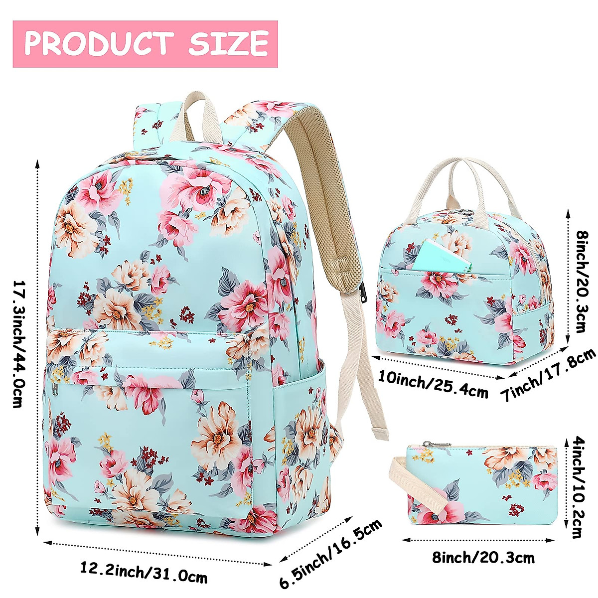 Bluboon School Backpack Set Girls Womens Laptop Bookbag Casual Daypack Fits 15 inch Laptop with Lunch Tote Bag and Pencil Bag