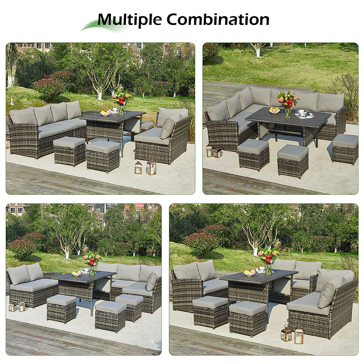 AECOJOY Patio Furniture Set, 7 Pieces Outdoor Patio Furniture with Dining Table&Chair, All Weather Wicker Conversation Set with Ottoman,Grey