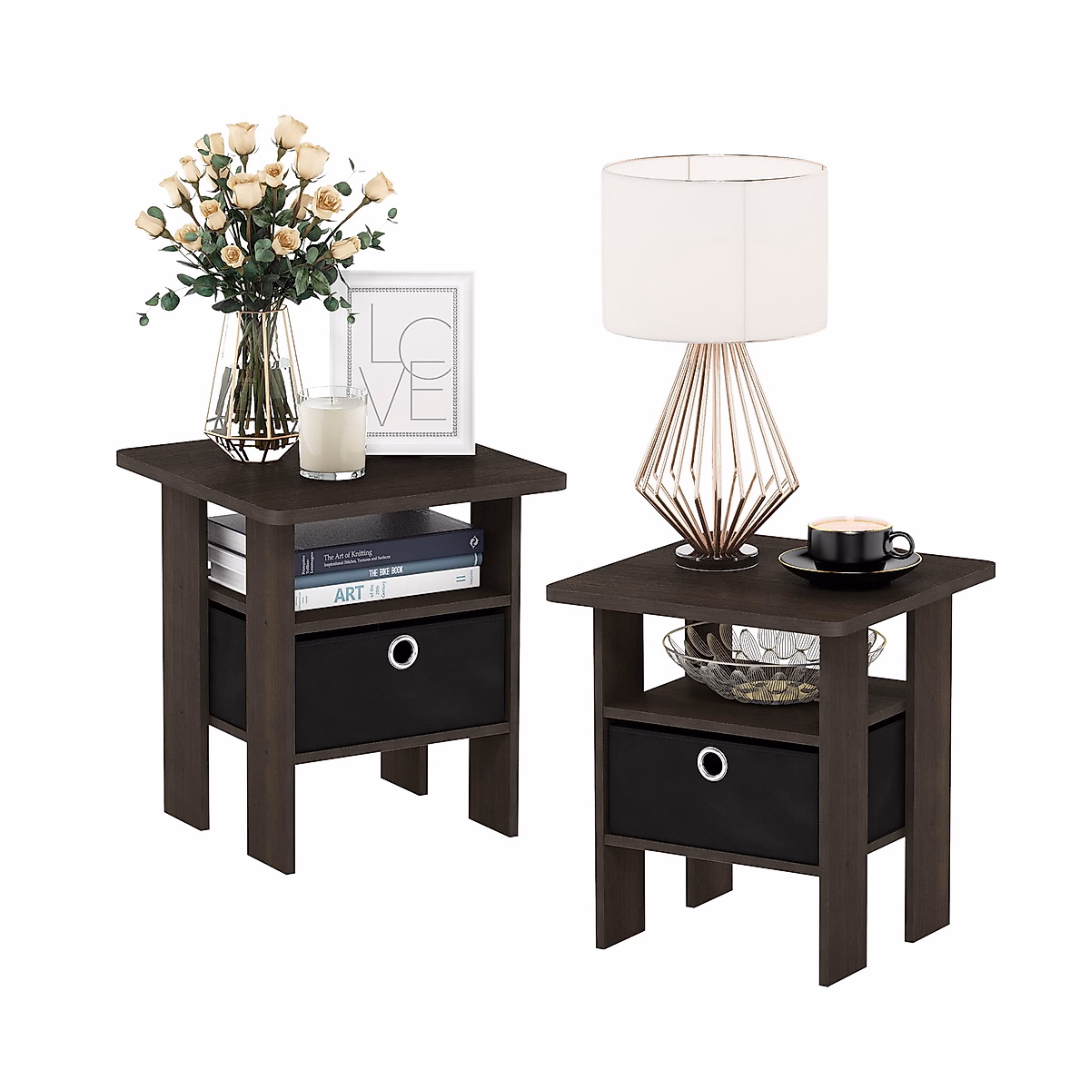 Furinno Andrey Set of 2 End Table / Side Table / Night Stand / Bedside Table with Bin Drawer, Dark Brown/Black