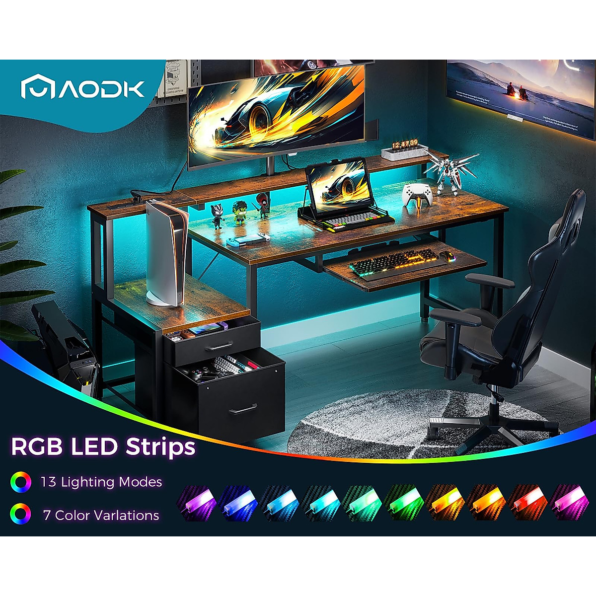 AODK 63-Inch Computer Desk with Power Outlet & LED Light, Reversible Office Desk with File Cabinet and Drawer, Gaming Desk with Keyboard Tray, Study Table with Full Monitor Riser and PC Stand, Vintage