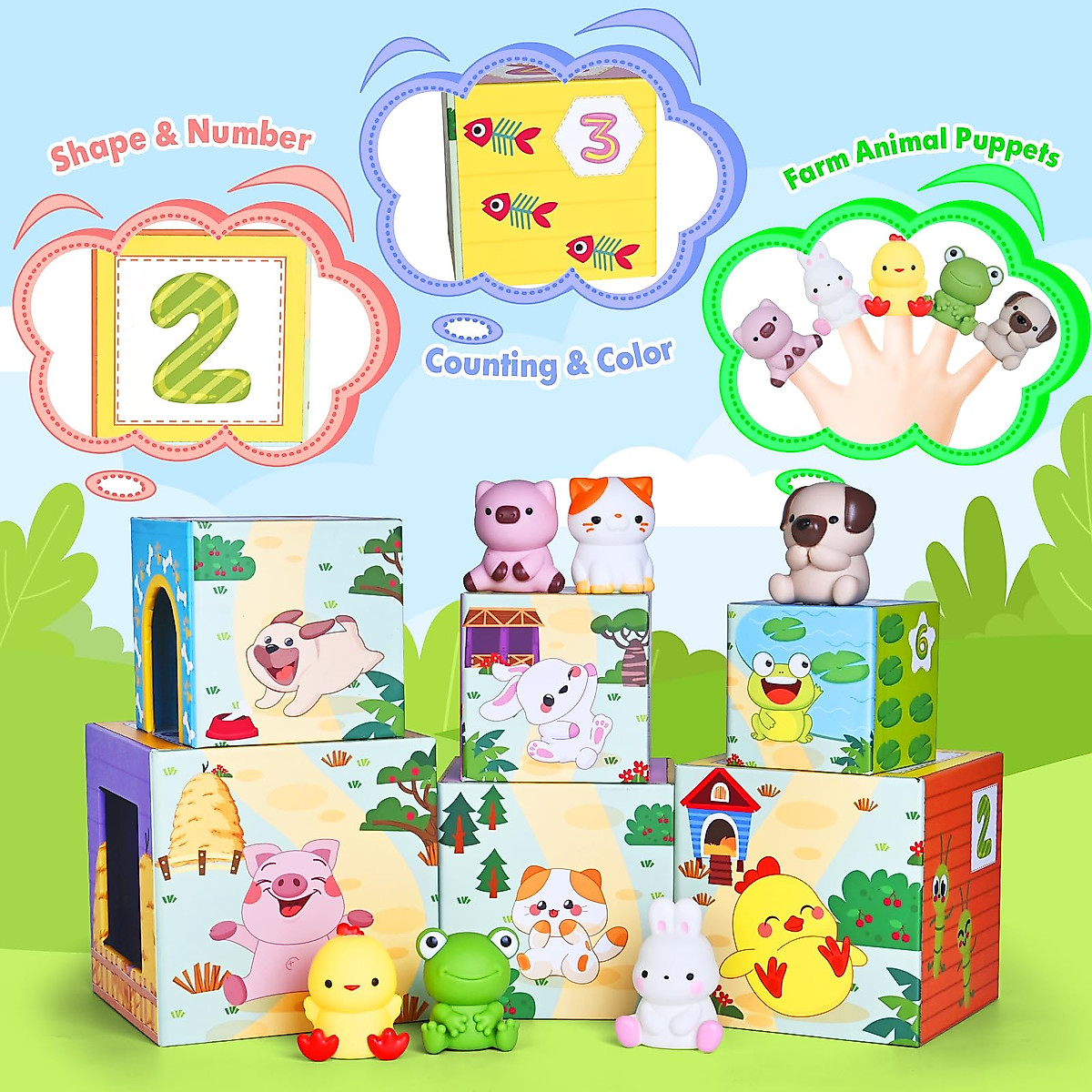 ShyLizard Toddler Farm Animal Sorting and Stacking Toys, Nesting Boxes and Blocks With Finger Puppets - Gifts for 1-3 Year Olds