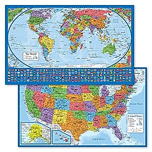 2 Pack - Laminated World Map Poster & USA Map Set - Equal Earth world map design shows continents at true relative size - US Map 18” x 29”