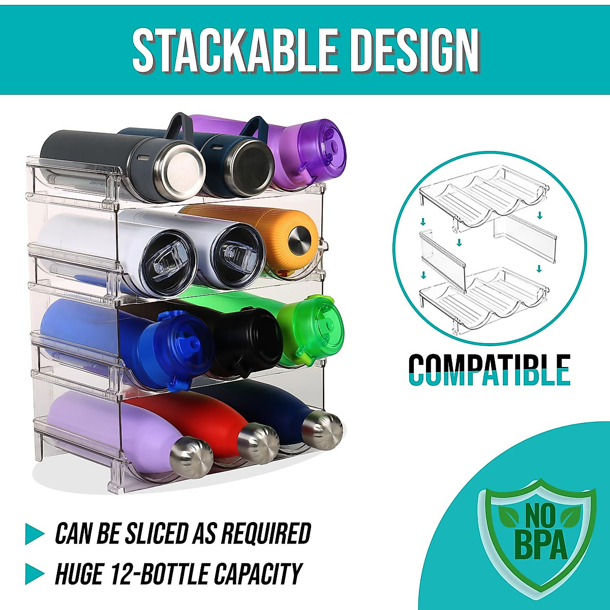 Shelfora 4-Tier Stackable Water Bottle Organizer for Cabinet – Clear Holder for Tumblers, Cups, Travel Mugs, Wine Bottles – Home Kitchen and Refrigerator Storage – Holds 12 Bottles