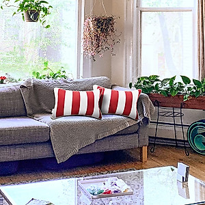 JMGBird Outdoor Lumbar Pillows, Waterproof Throw Pillows with Insert, Pack of 2, 12×20 Inch- Add a Pop of Color Outdoors (Red and White)