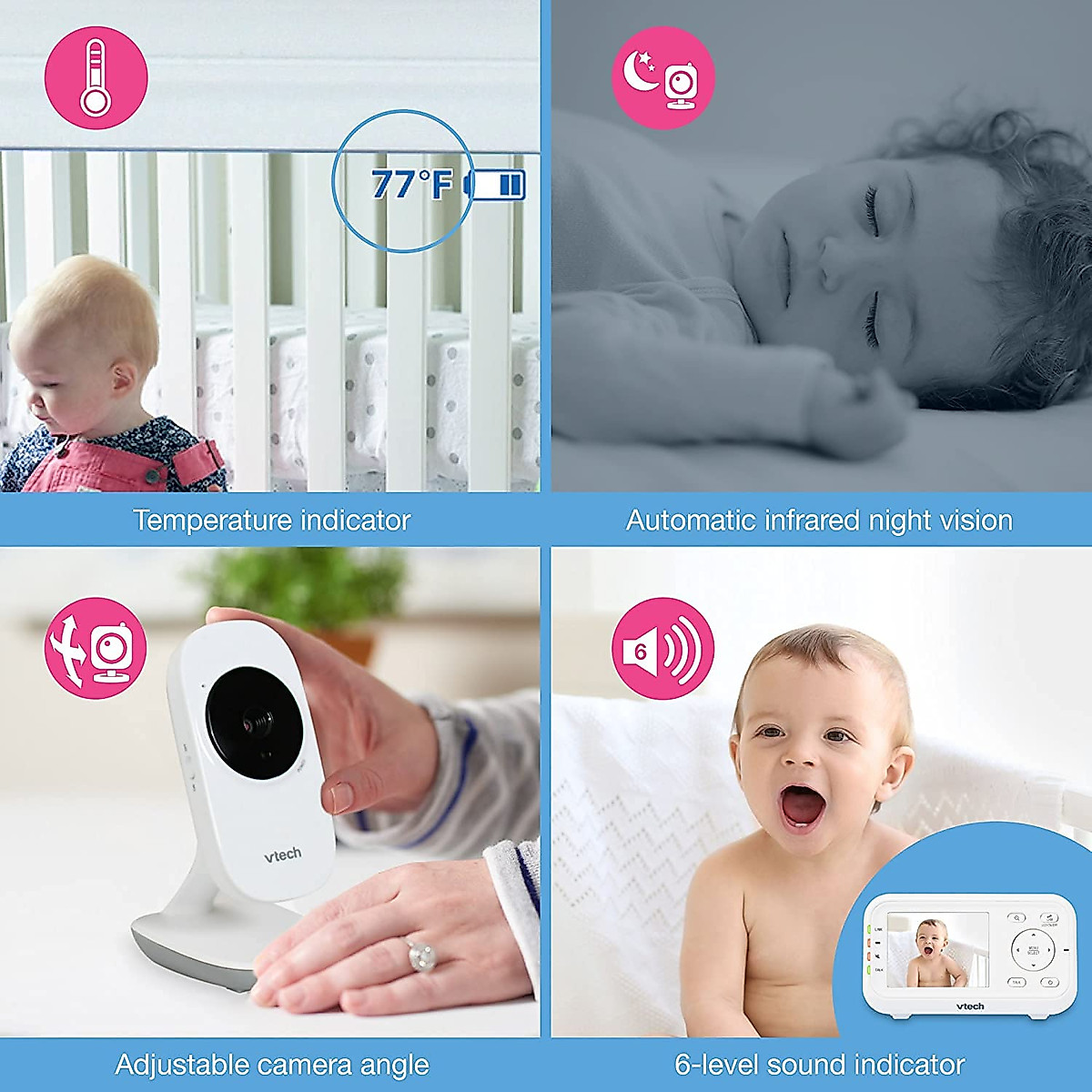 VTech VM3252-2 2.8” Digital Video Baby Monitor with 2 Cameras and Automatic Night Vision, White (Renewed)