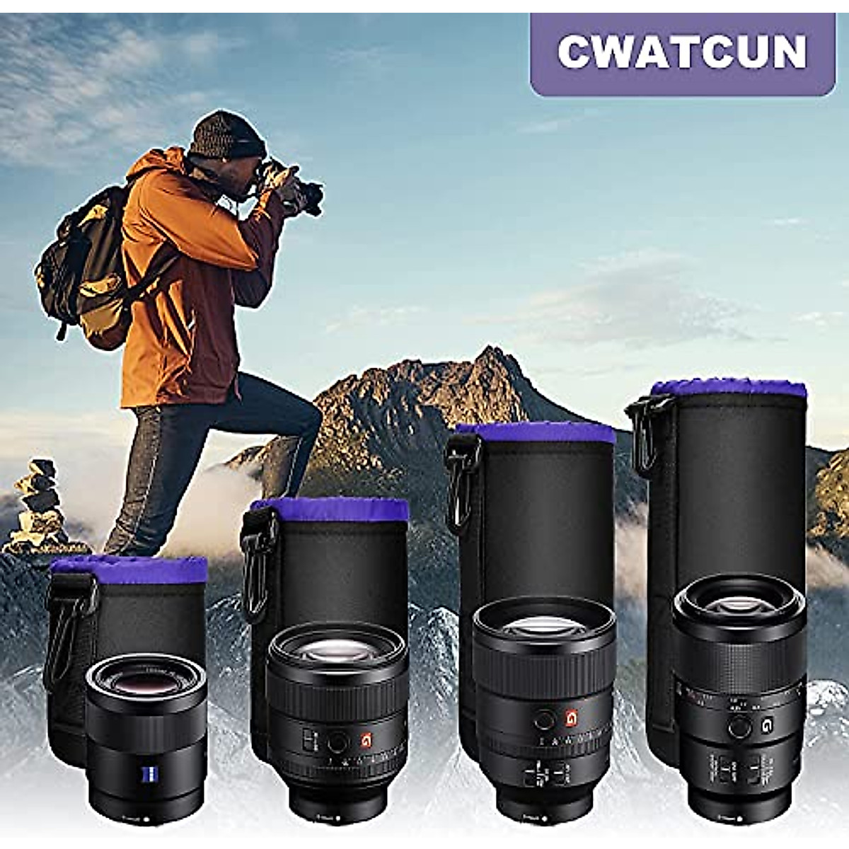 Camera Lens Case, Cwatcun 4 Pack Lens Pouch Bag Set with Thick Protective Neoprene, for Canon, Nikon, Sony, Pentax, Olympus, Panasonic, Fuji, Sigma DSLR/SLR Camera Lens (Small, Medium, Large, X Large)