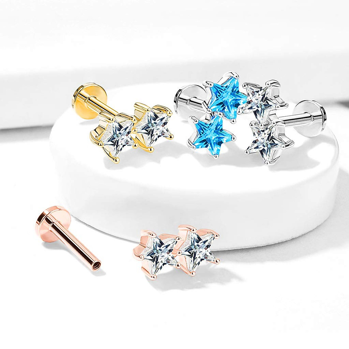 Pierced Owl 16GA Twin CZ Crystal Star Top Monroe Labret Cartilage Ear Stud (Silver Tone/Aqua)