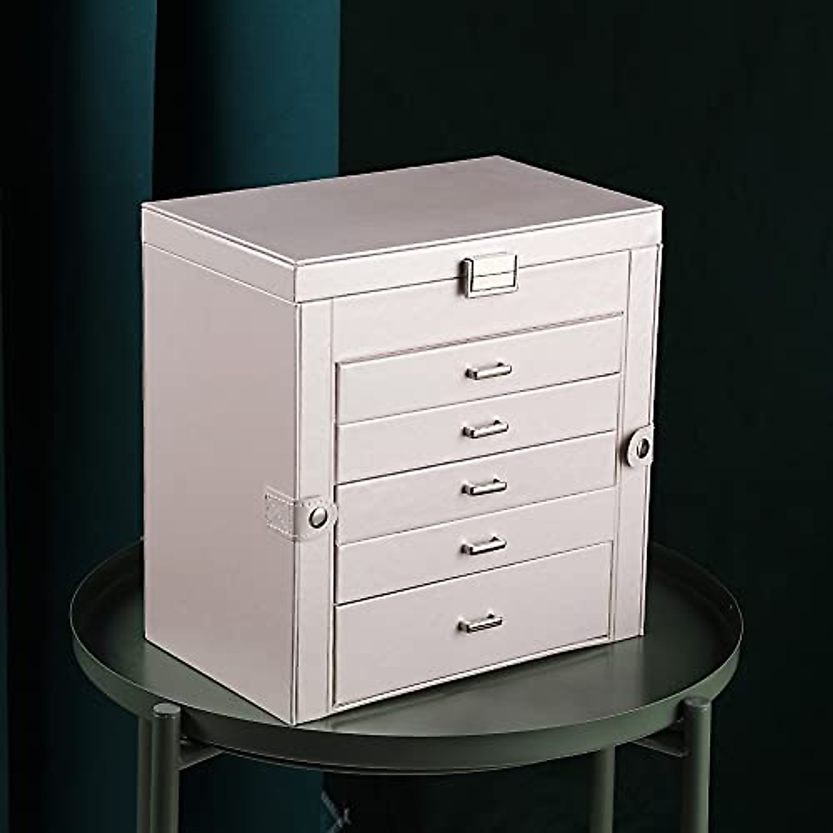 Frebeauty Large Jewelry Box,6-Tier PU Leather Jewelry Organizer with Lock,Multi-functional Storage Case with Mirror,Accessories Holder with 5 Drawers for Earrings Necklace Bracelets (Pearl White)