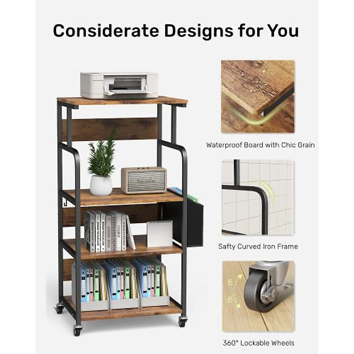 Gizoon Home Office Printer Stand with Storage, 4 Tier Large Tall Printer Shelf Cart W/ Lockabel Rolling Wheels, Versatile - Retro