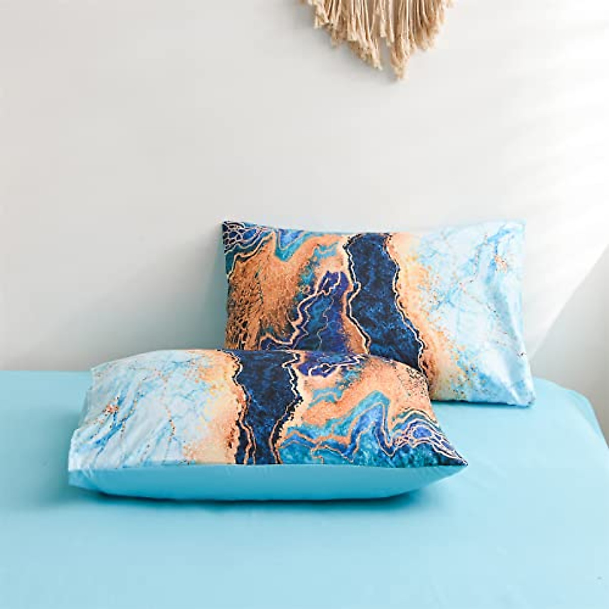 A Nice Night Marble Like Burning Mountain Printed Bedding Set,Retro Style Watercolor Artwork Design,Ultra Soft Comforter Set, 7pcs Bed in a Bag,Queen,Blue