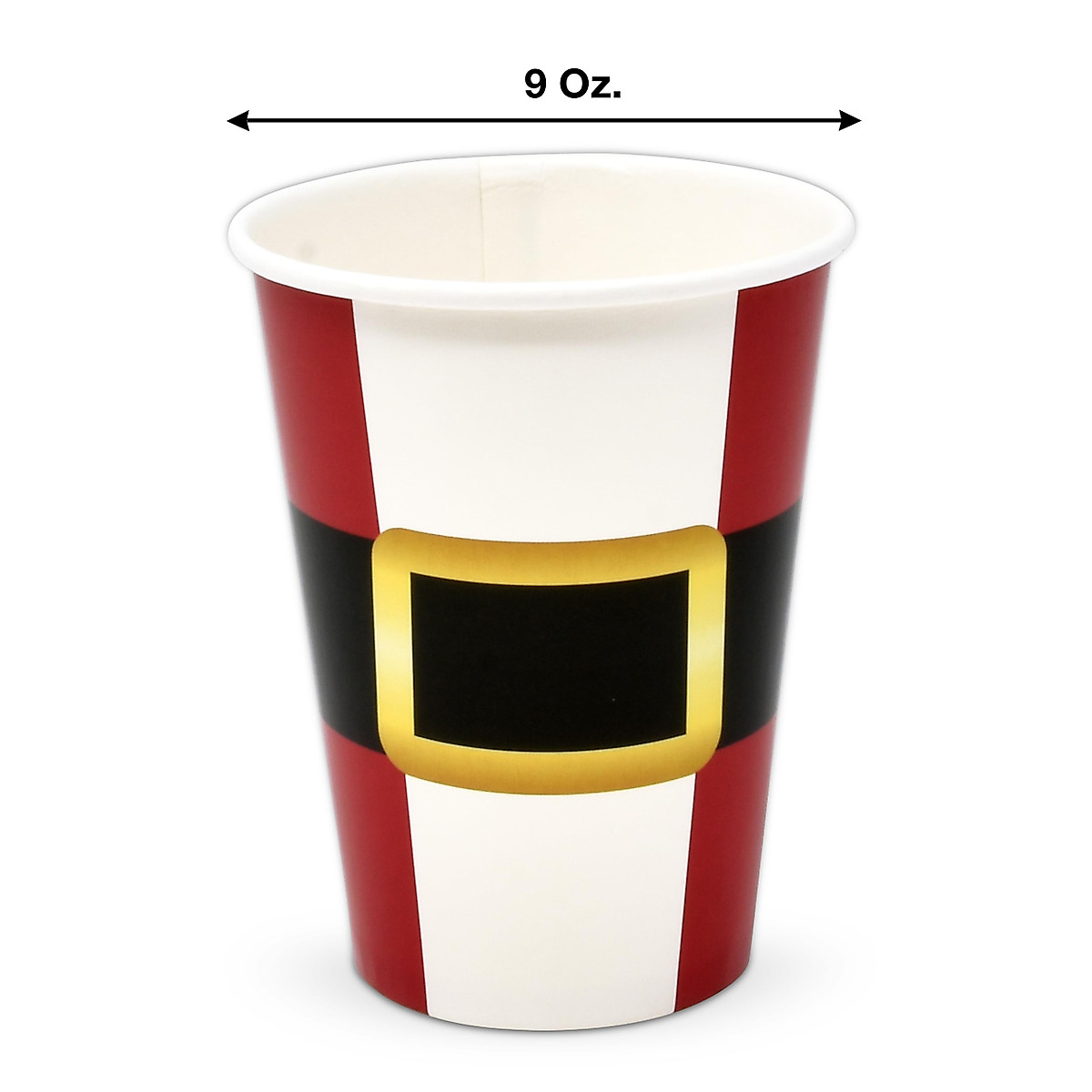 50 Disposable Christmas Santa Belt Cups 9 Oz. Xmas Red & Black Santa's Belts Design Drinking Paper Cup Winter Beverage Drink Dinnerware for Festive Holiday Tableware Party Supplies Decorations