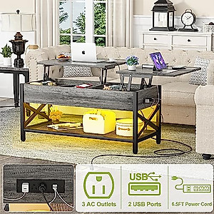 Aheaplus Coffee Table, Lift Top Coffee Table with LED Light and Power Outlet, Modern Lift-Top Table with Storage Shelf, Center Table for Living Room, Lift Tabletop, X Support, Metal Frame, Black Oak