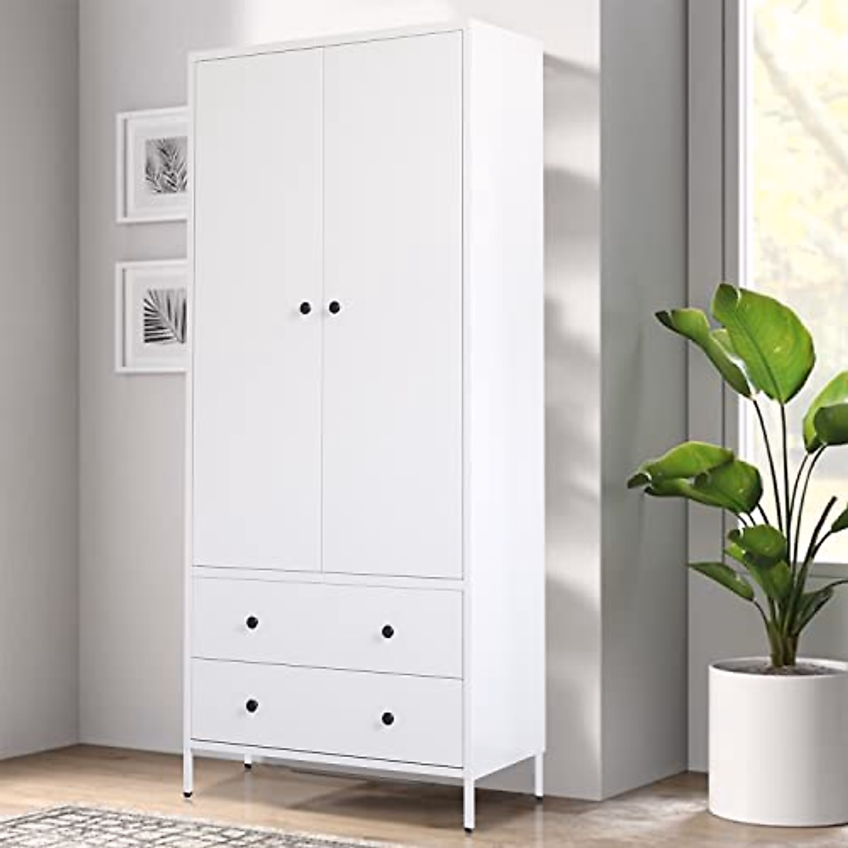 Besfur Steel Storage Wardrobe Cabinet - Metal Wardrobe Armoire Closet with Adjustable Hanging Rod & Two Drawers for Bedroom, Laundry Room (White)