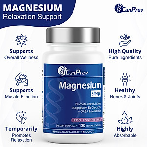 CanPrev - Magnesium Bisglycinate Chelated + GABA & Melatonin 120 Caps - Muscle Health, Bone Health and Cramp Relief - 3rd Party Tested - Formulated & Made in Canada