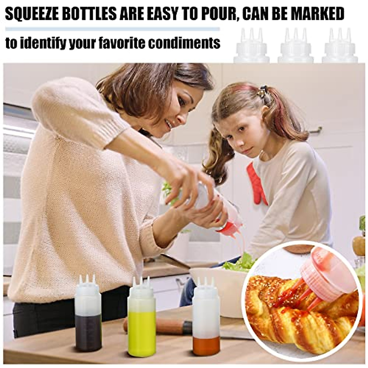 Dingion 8 Pcs 3 Hole Squeeze Bottles 16 oz Plastic Condiment Salad Dressing Container Sauces for Ketchup Mustard Seasoning Squeezer Bakery Kitchen Accessories 450 ml