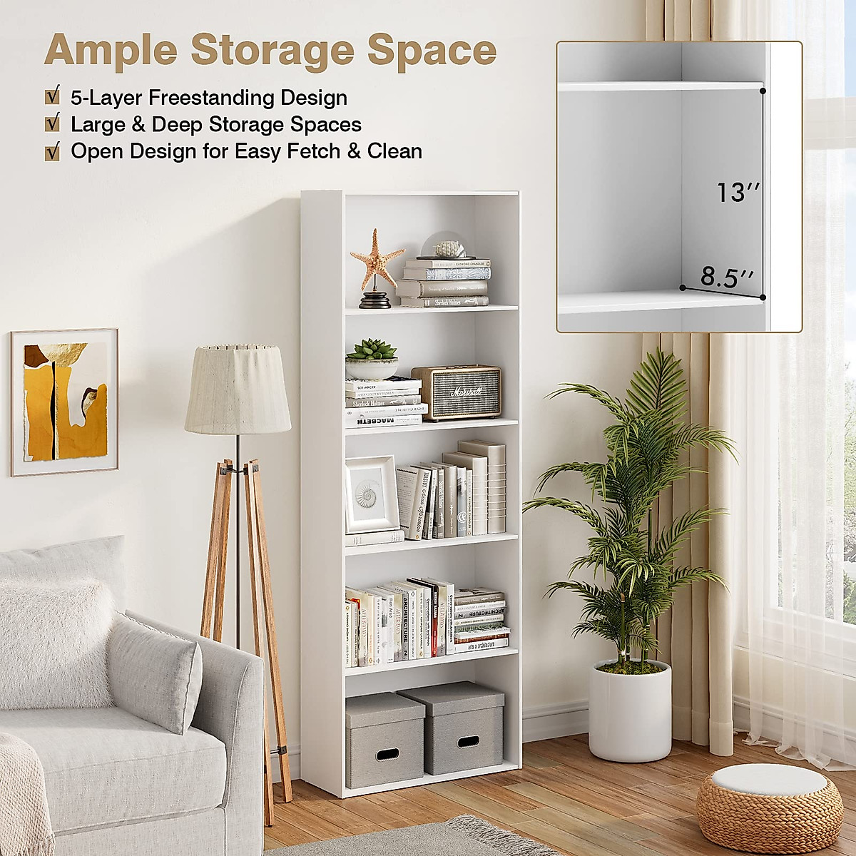 Casart Multi-Functional Wood Bookcase, 5-Shelf Storage Open Bookshelf for Home and Office