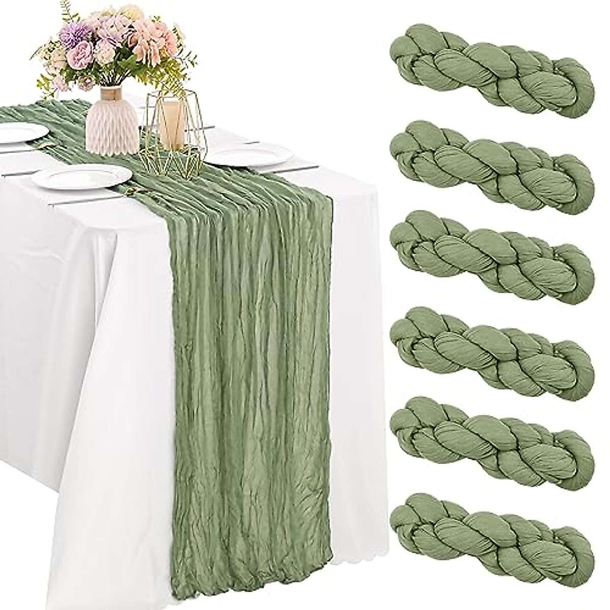 6 Pieces Sage Green 10FT Cheesecloth Table Runner Boho Gauze Fabric Table Runner Rustic Sheer Runner for Wedding Birthday Baby Shower Party Boho Table Decoration（Sage Green）