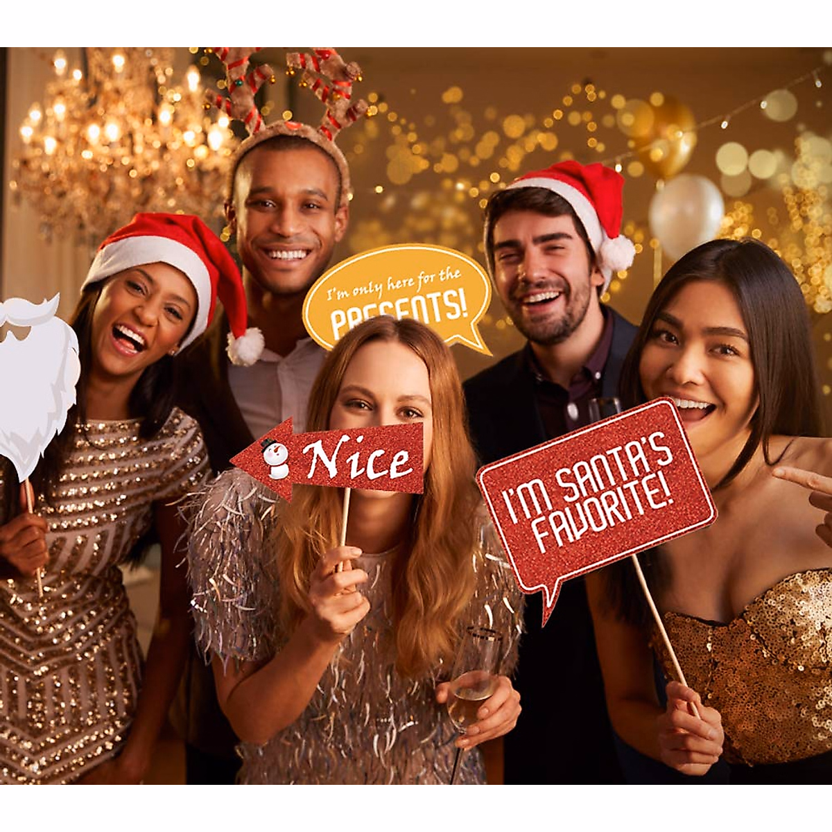 Glitter Christmas Photo Booth Props Kit - 25 Count Large Photography Party Decorations Gifts, Fun Santa Elfie Selfie Posing Signs DIY Craft Backdrop Accessories for Birthday New Year Holiday