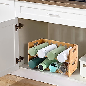 vinlley Bamboo Water Bottle Organizer, Free-Standing Stackable 4 Bottle Storage Holder Rack - Water, Wine, and Drink Organizer Shelf for Kitchen Countertop, Cabinet, Pantry, Fridge, Freezer - 2 Pack