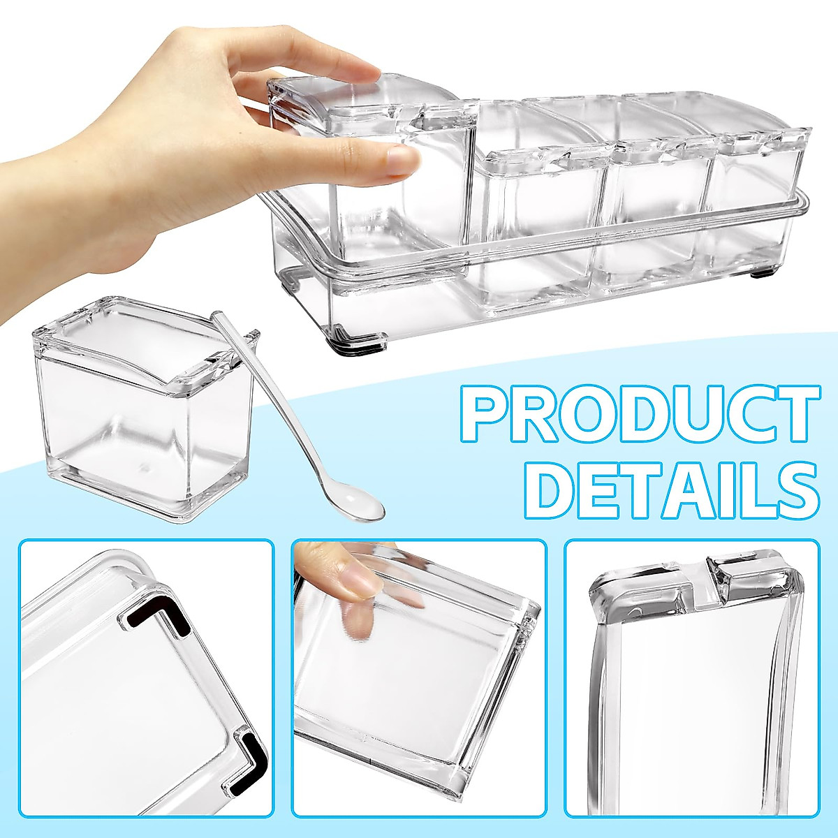 Faxco 4-Cell Clear Seasoning Rack Spice Box, Storage Container Condiment Jars Acrylic Seasoning Box with Cover and Spoon (Enhanced Version Clear)