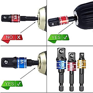 Impact Grade Socket Wrench Adapter Extension Set Turns Power Drill Into High Speed Nut Driver,Hex Shank Bit Square Power Drill Cordless Impact Sockets Bit Set,Sizes 1/4" 3/8" 1/2",Cr-V,Black,3-Piece