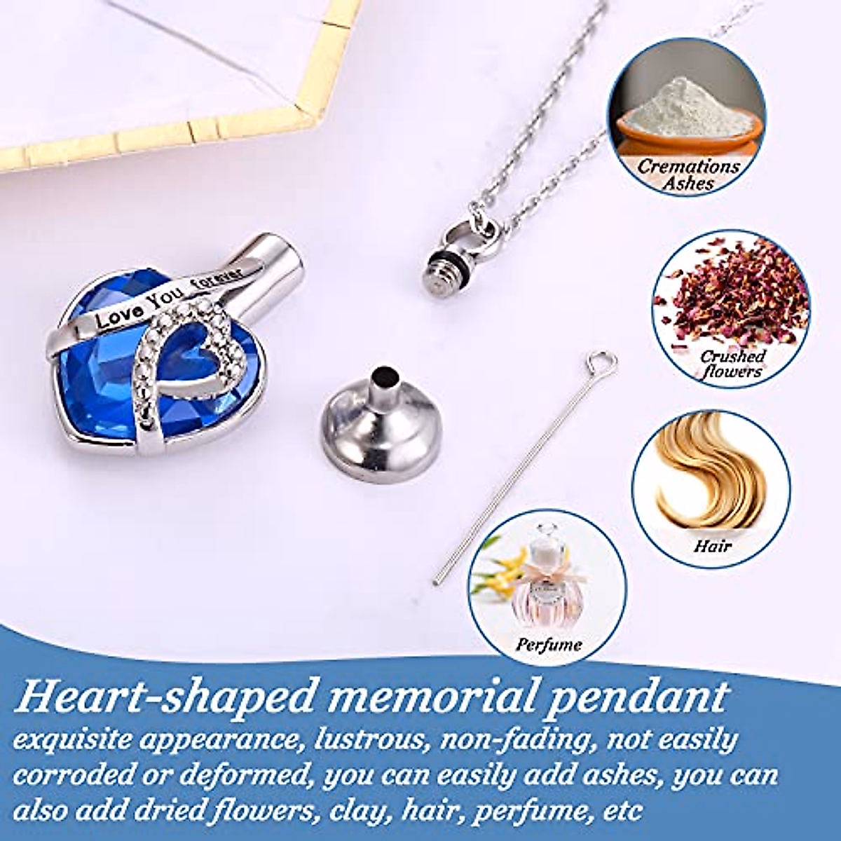 Jadive 3 Pcs Summer Cremation Heart Urn Necklace Ashes Jewelry for Women Ocean Crystal Necklace Waterproof Memorial Pendant Stainless Steel Keepsake with Angel Wing 12 Birthstones Filling Kit