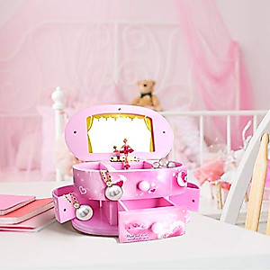 Qulable Musical Jewelry Box,Girl's Musical Jewelry Storage Box with Drawer and Dancing Ballerina Makeup Mirror Music Box Jewelry Storage Music Box for Kids Children (Pink)