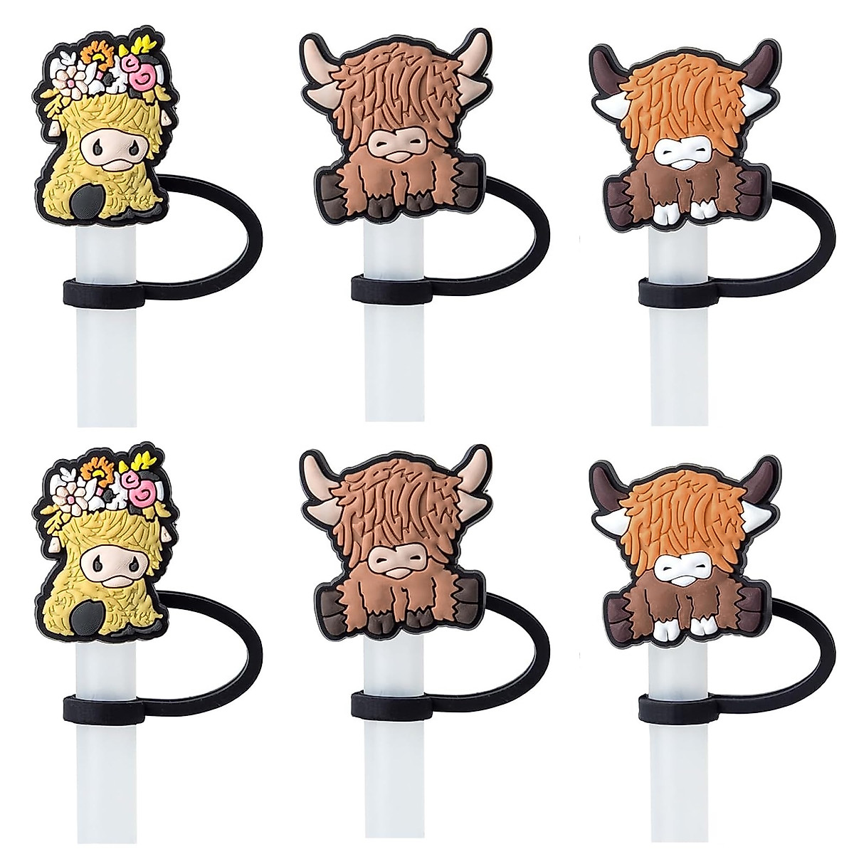 Straw Toppers, 6PCS 10mm Highland Cow Straw Cover Compatible with Stanley Yeti Tumbler Straw, 0.4in Cow Straw Topper Cap, Cute Stanley Cup Accessories