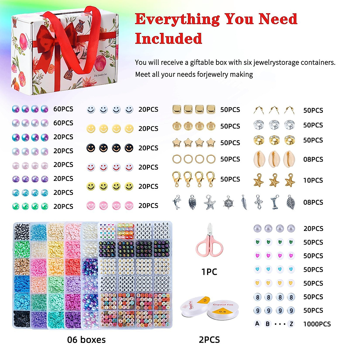 SJZWSD 6-Box Friendship Bracelet Making Kit - 16,000pcs Clay Beads, Seed Beads & Glass Beads Collection, Letter Beads, Charms