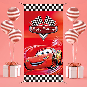 Generic 36x72inch Racing Car Cartoon Birthday Banner Cars Story Race Party Door Cover Black White Grid Flag Children Boys Happy Birthday Decoration Supplies, red