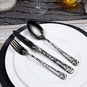 Fivent 24-Piece Black Butterfly Silverware Set, Service for 4, Stainless Steel Flatware Set with Steak Knives, Mirror Polished Cutlery Set, Hand Wash Recommended…