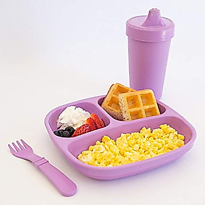 Re-Play Made in USA 5 Piece Toddler Feeding Set includes 2 Divided Plates, Silicone Storage Lid, Utensils - Made from Recycled Milk Jugs - Purple