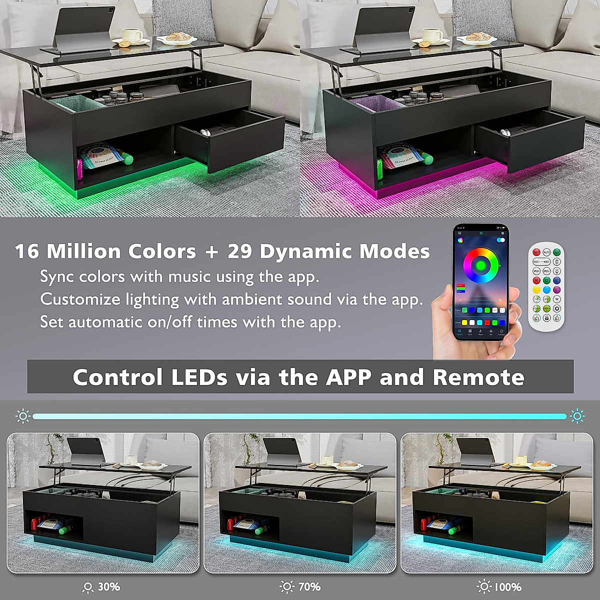 HOMMPA 40" Lift Top Coffee Table with Storage LED Coffee Table Morden High Gloss Living Room 3 Tiers Modern Tea Table with Storage Center Tables Hidden Compartment & Open Shelve & Drawer Black