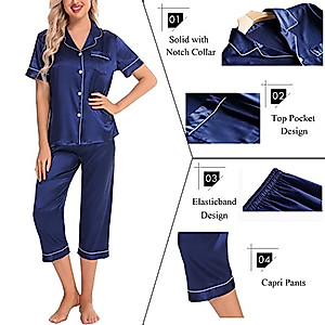 SWOMOG Satin Pajama Set Women Silk Pjs Set Short Sleeve 2 Piece Button Down Sleepwear Lounge Sets Navy Blue